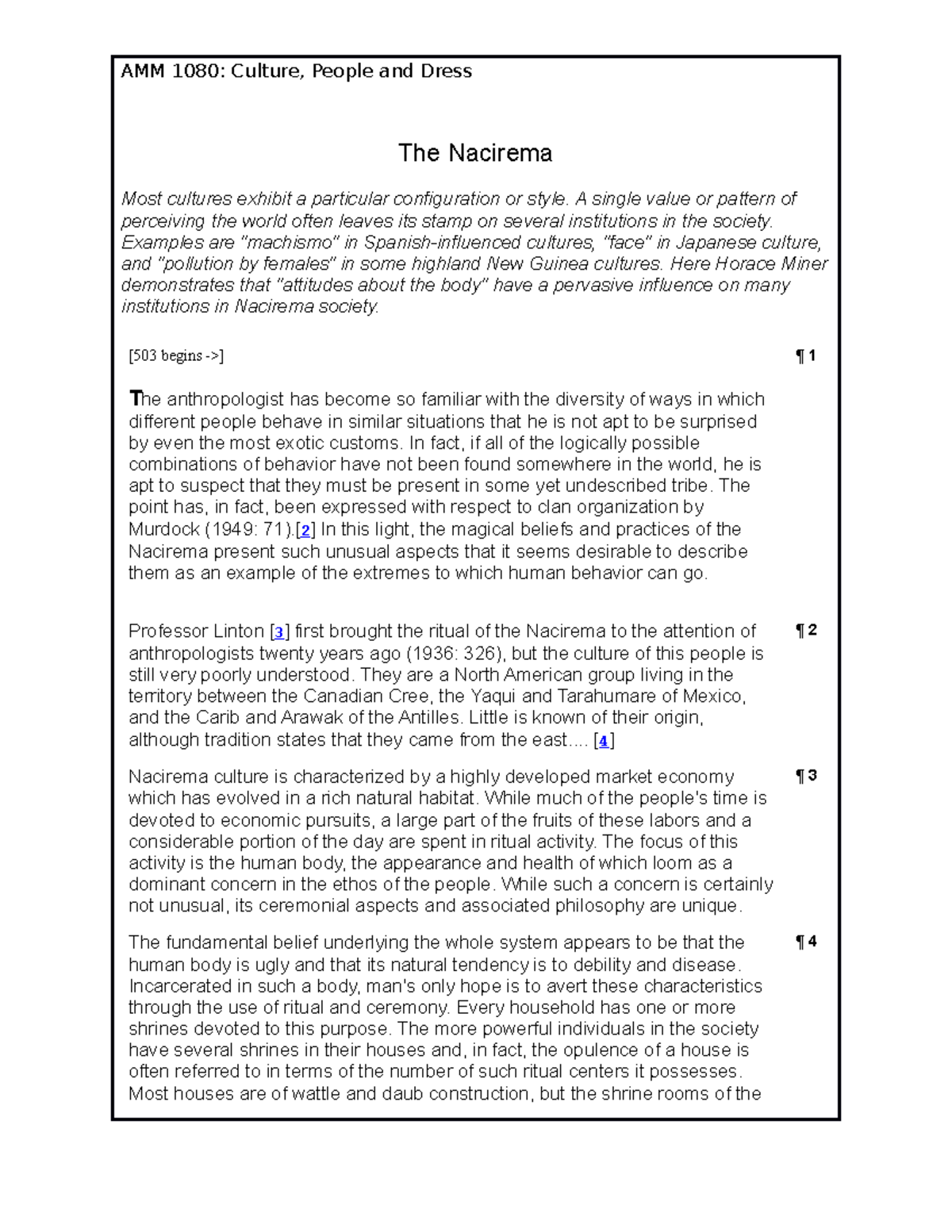 The Nacirema - American culture. - AMM 1080: Culture, People and Dress ...