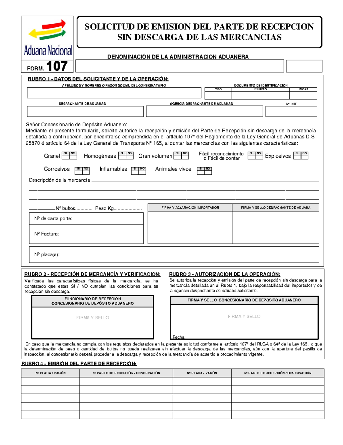 FORM 107 Solicitud DE Emision DEL Parte DE Recepcion SIN Descarga DE ...