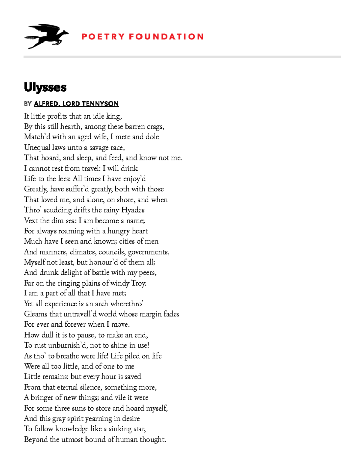 Ulysses by Alfred, Lord Tennyson Poetry Foundation - Ulysses BY ALFRED ...
