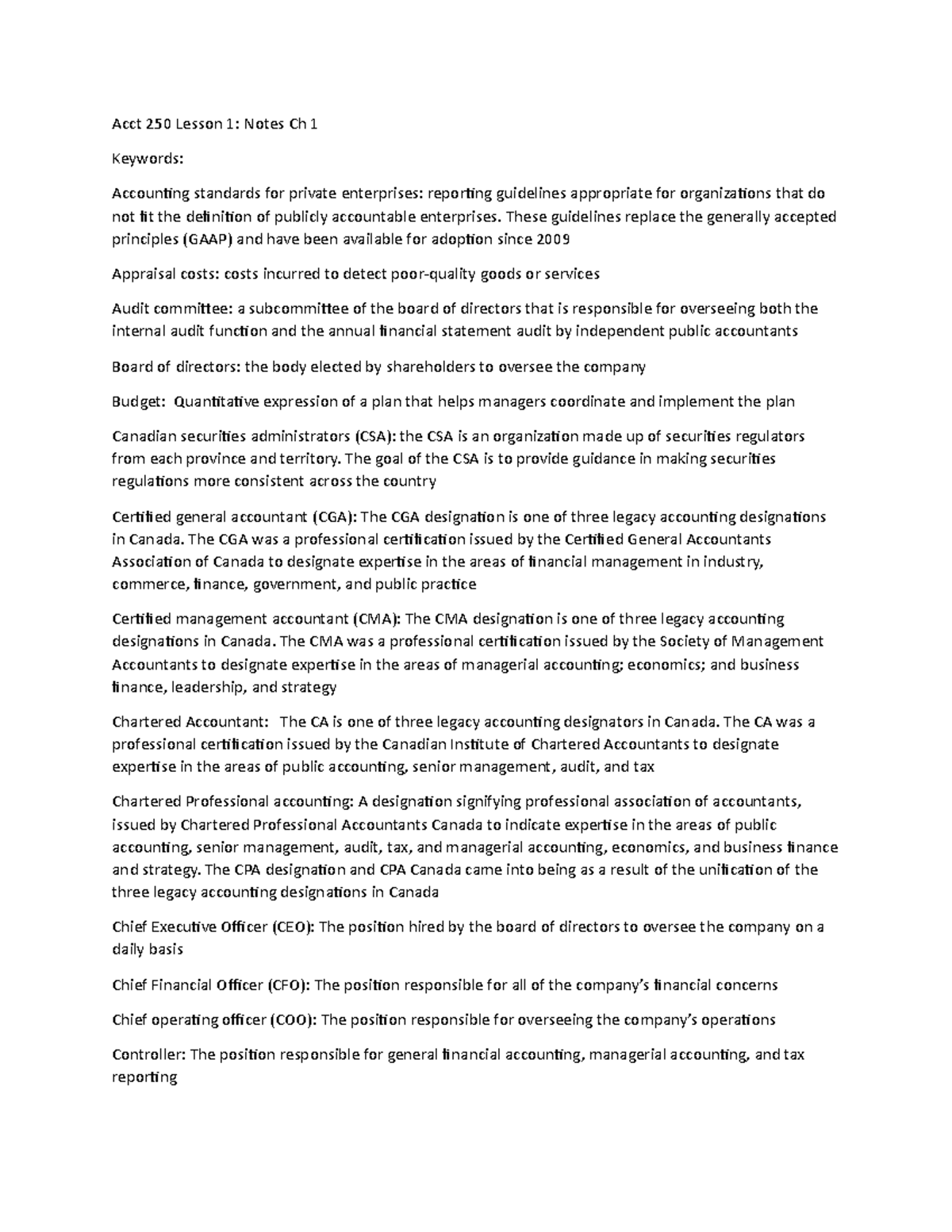 Acct 250 Lesson 1 - notes - Acct 250 Lesson 1: Notes Ch 1 Keywords ...