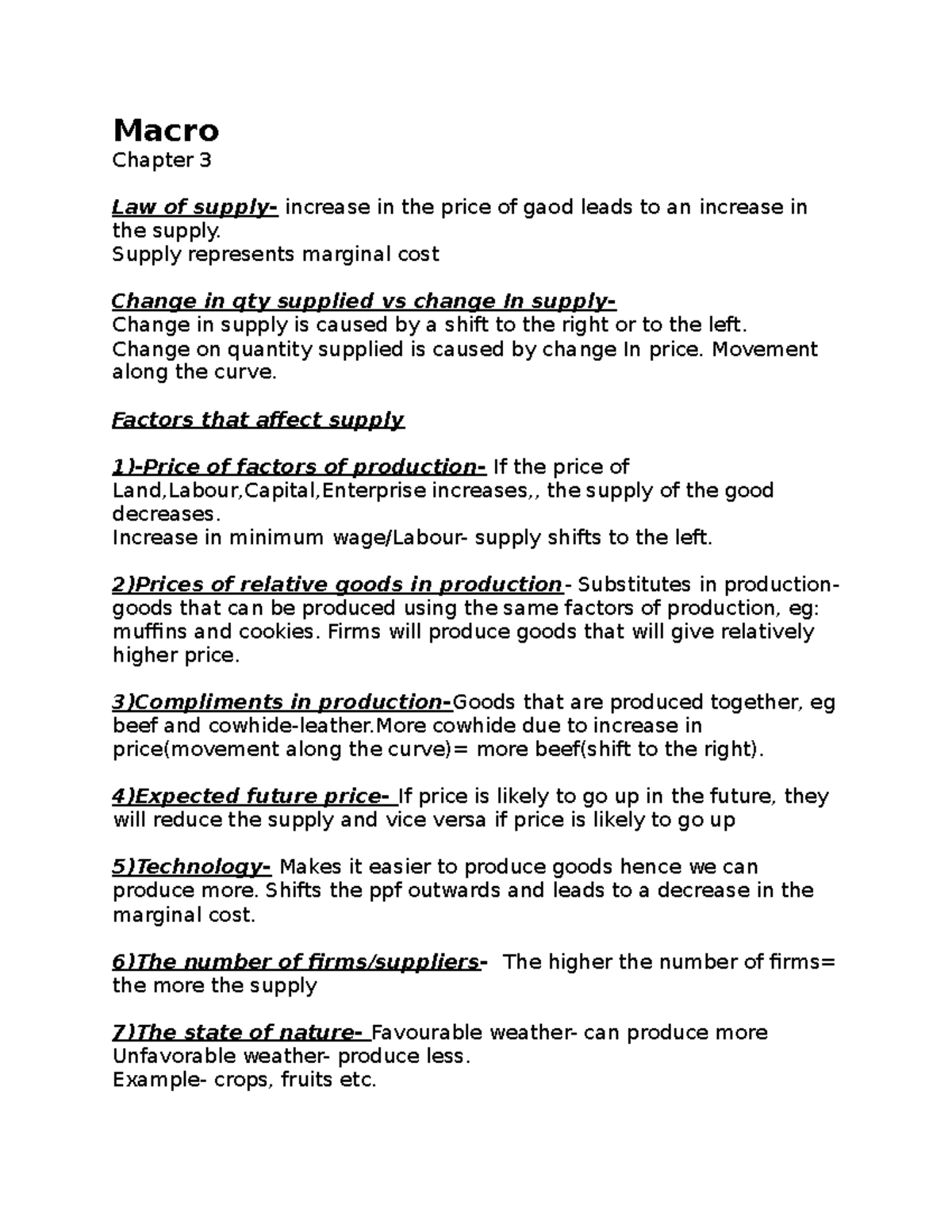Macro chapter 3 - Macro Chapter 3 Law of supply- increase in the price of gaod leads to an ...