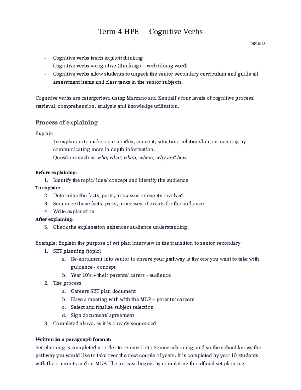 Cognitive Verbs - Cognitive verbs are catergorised using Marzano and ...