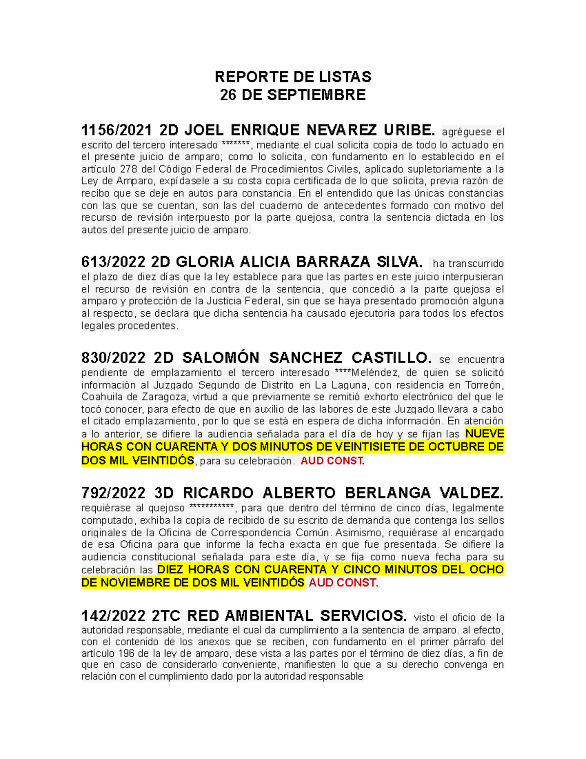 Reporte DE Listas 26 de SEPT - REPORTE DE LISTAS 26 DE SEPTIEMBRE 1156/ ...