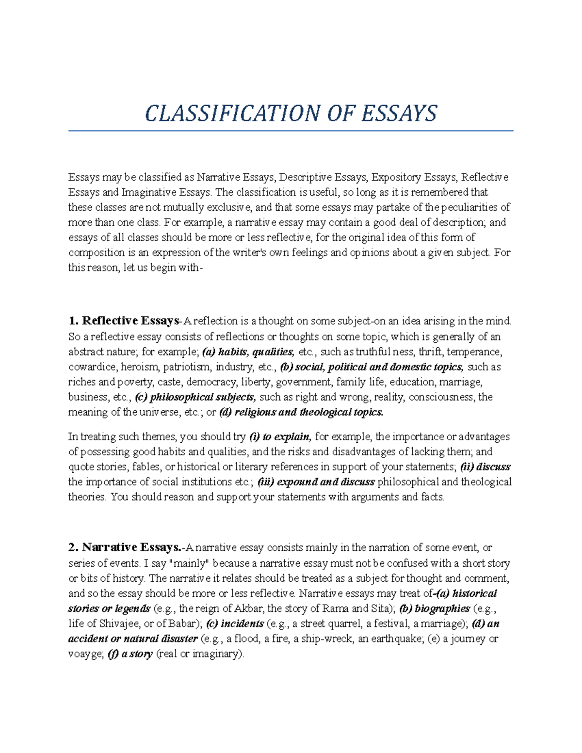 Classification OF Essays - CLASSIFICATION OF ESSAYS Essays may be ...