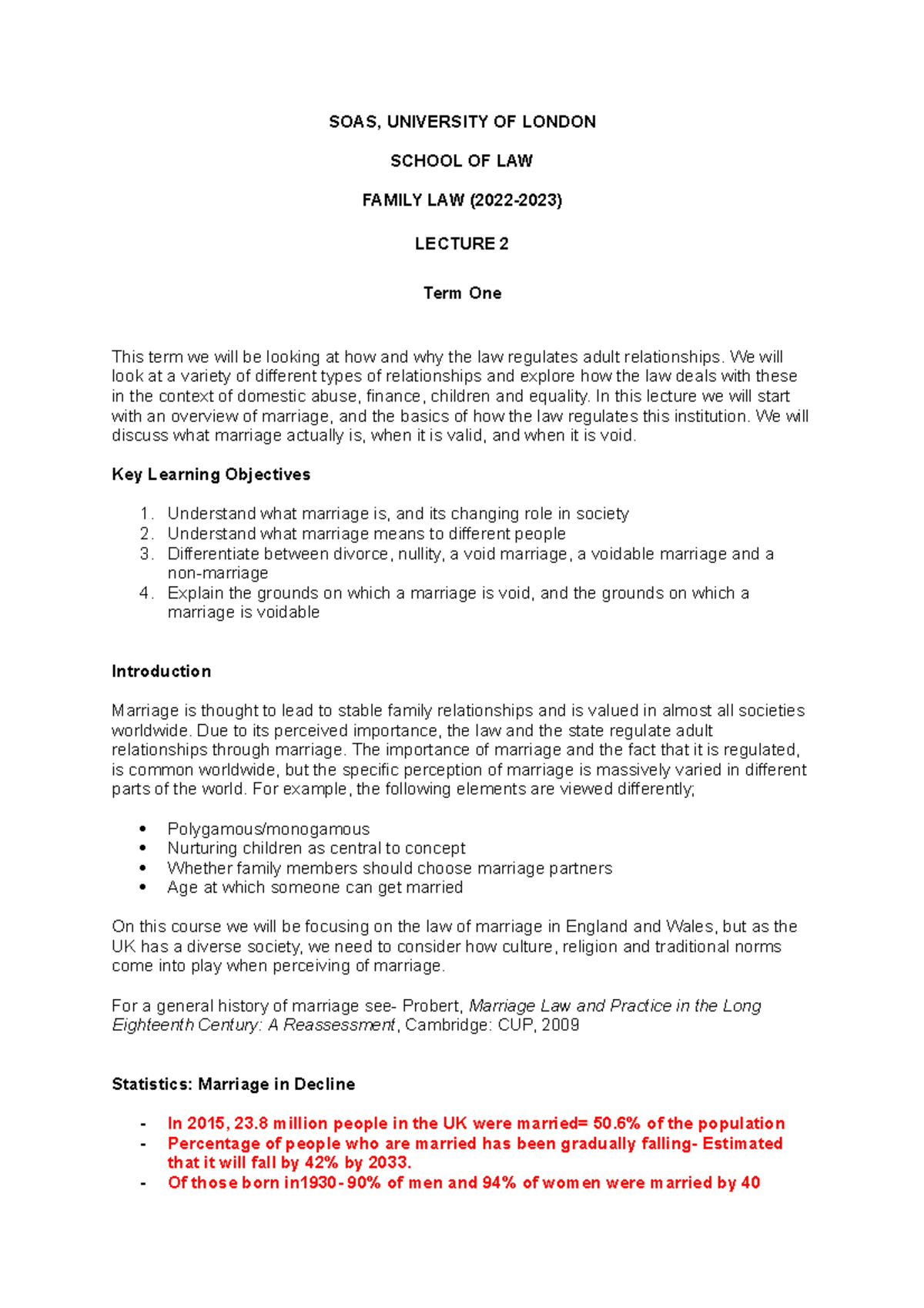 Lecture 2 Handout - SOAS, UNIVERSITY OF LONDON SCHOOL OF LAW FAMILY LAW (2022-2023) LECTURE 2 ...