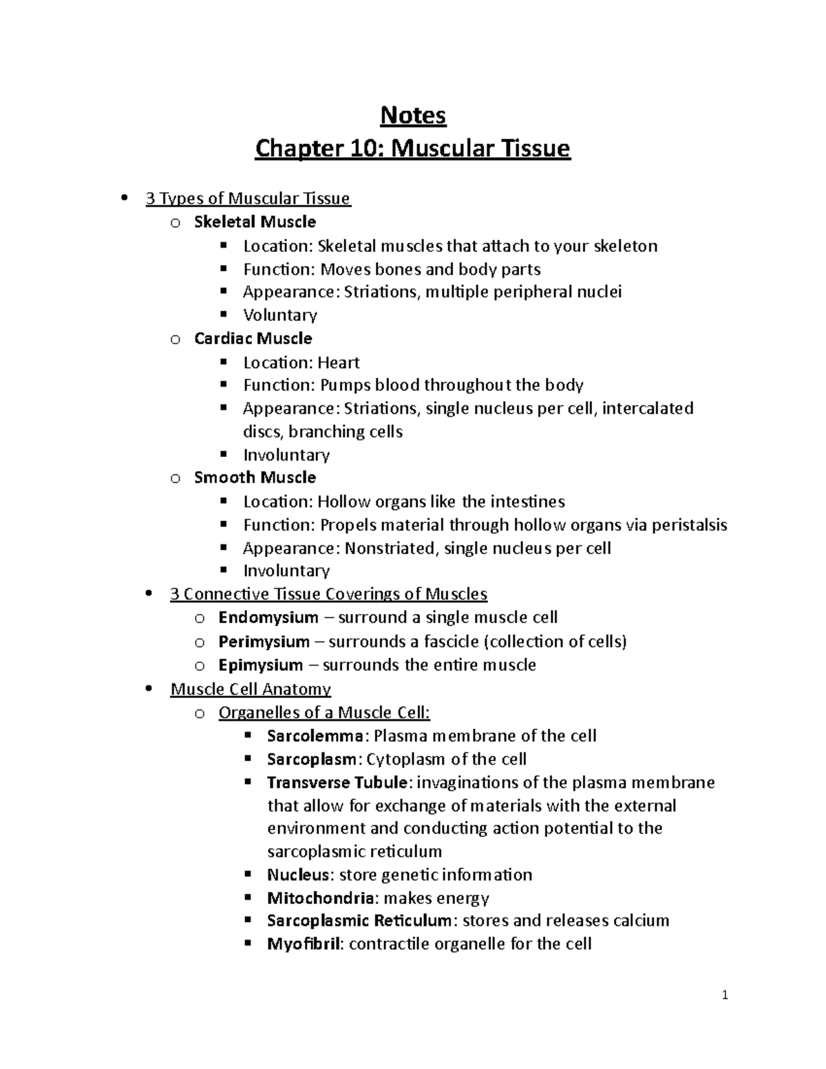 Chapter 10 Notes: Muscular Tissue - Notes Chapter 10: Muscular Tissue 3 ...
