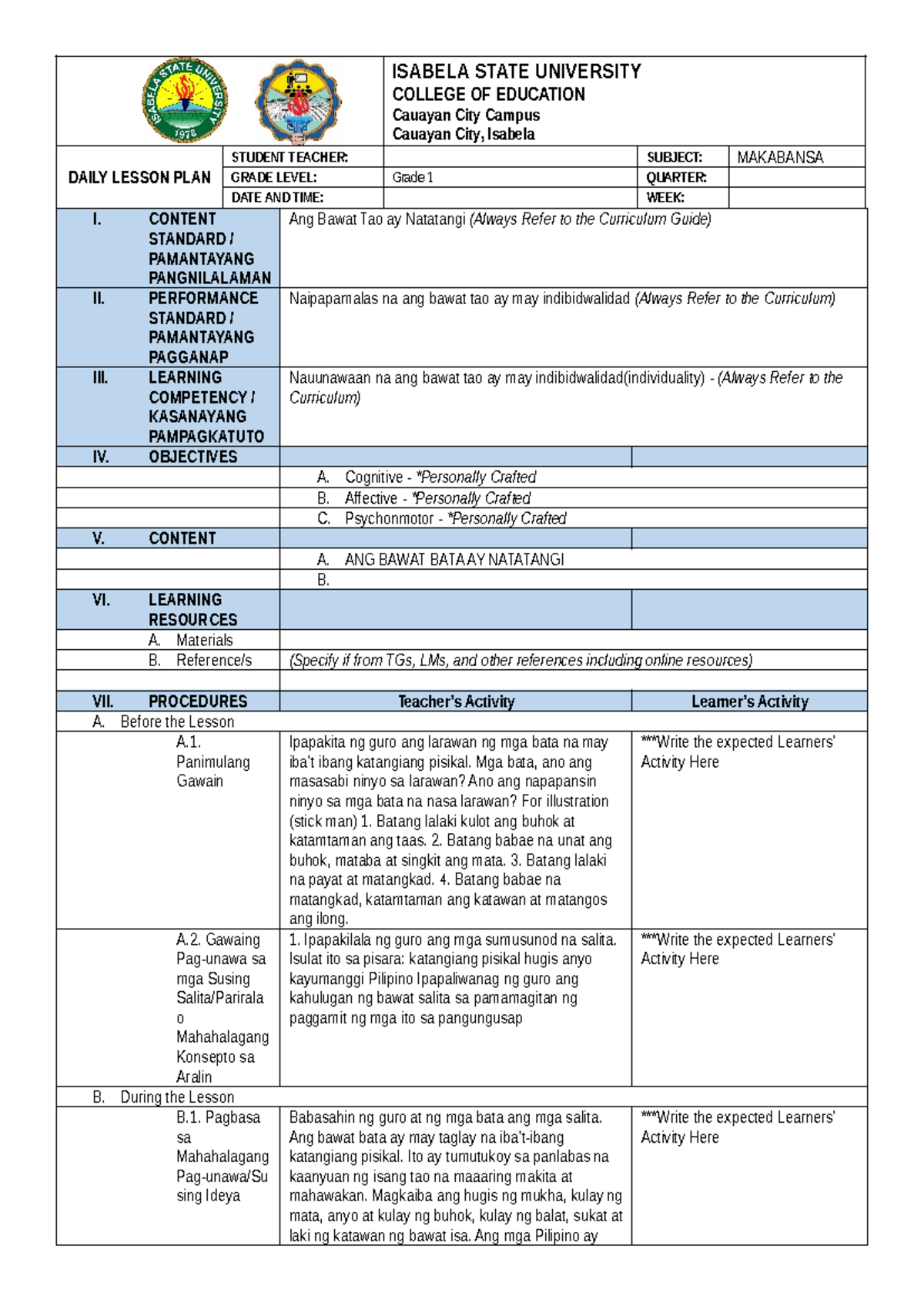Sample DLP Final Template Student Teacher ISU CEd Copy 1 - ISABELA ...