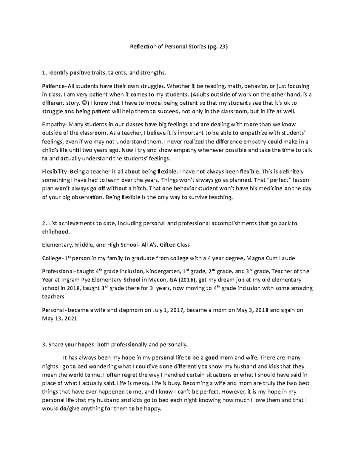 Reflection of Personal Stories pg. 23 questions - Reflection of ...