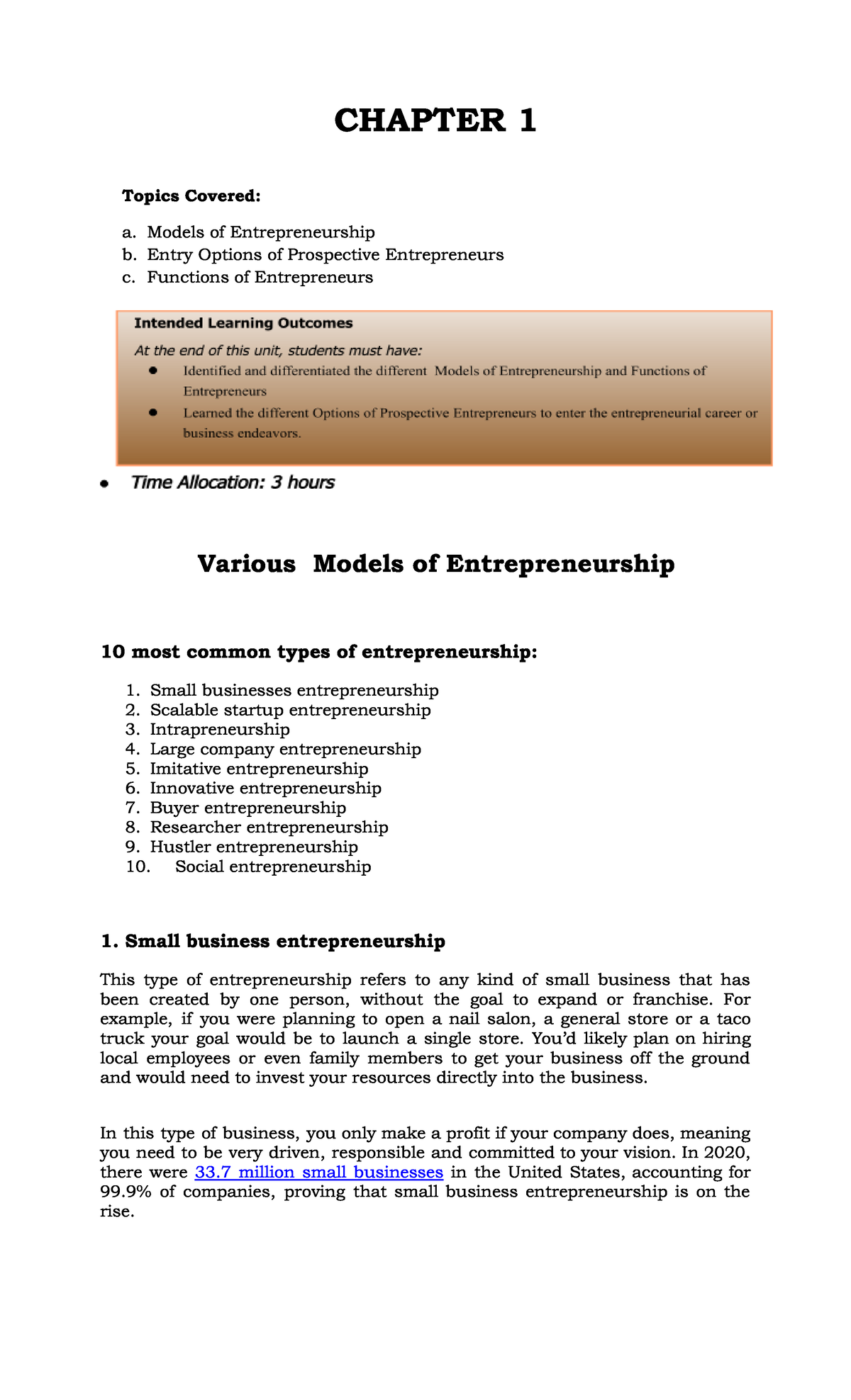 Chapter 1 - CHAPTER 1 Topics Covered: a. Models of Entrepreneurship b ...