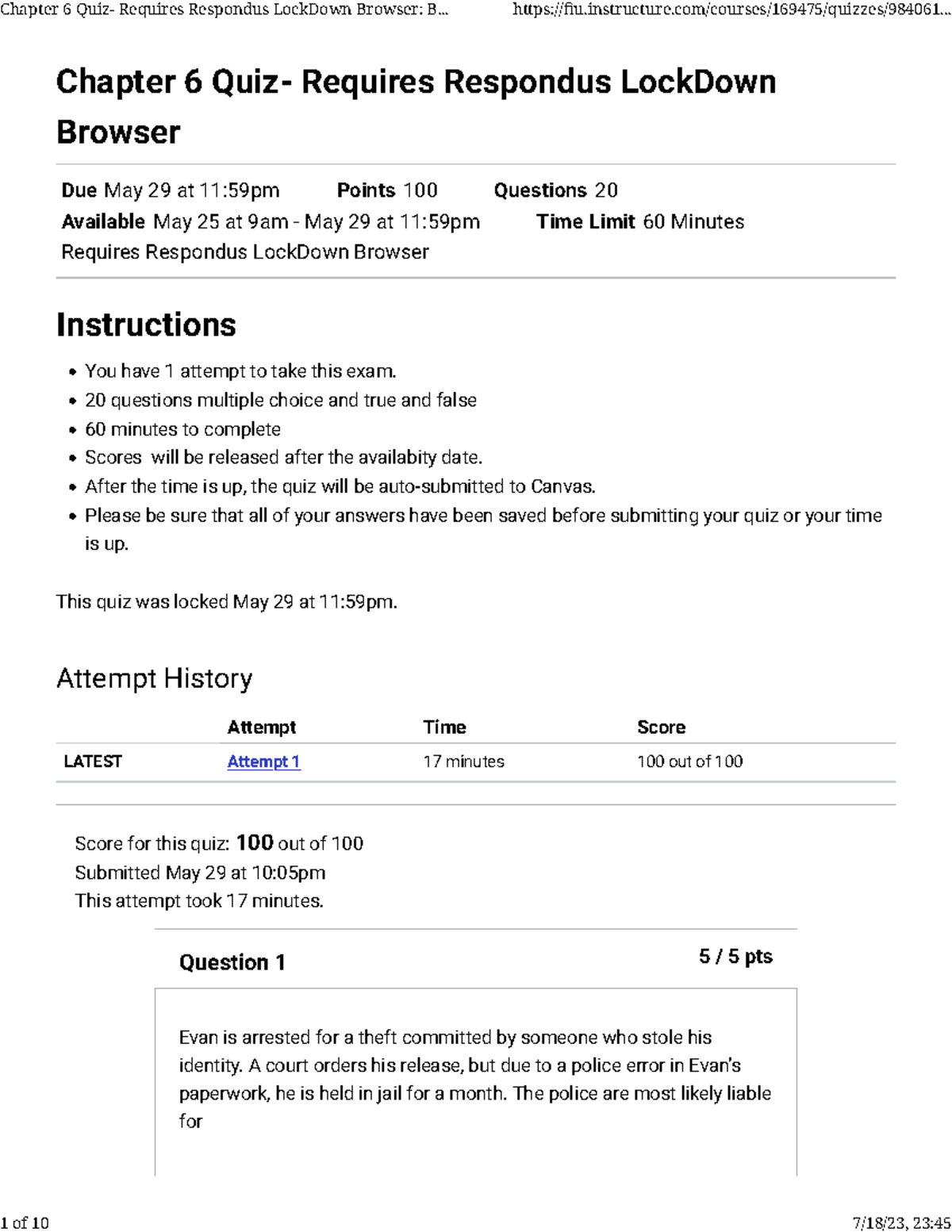 Chapter 6 Quiz- Requires Respondus Lock Down Browser BUL4310 RVDC 1235 ...