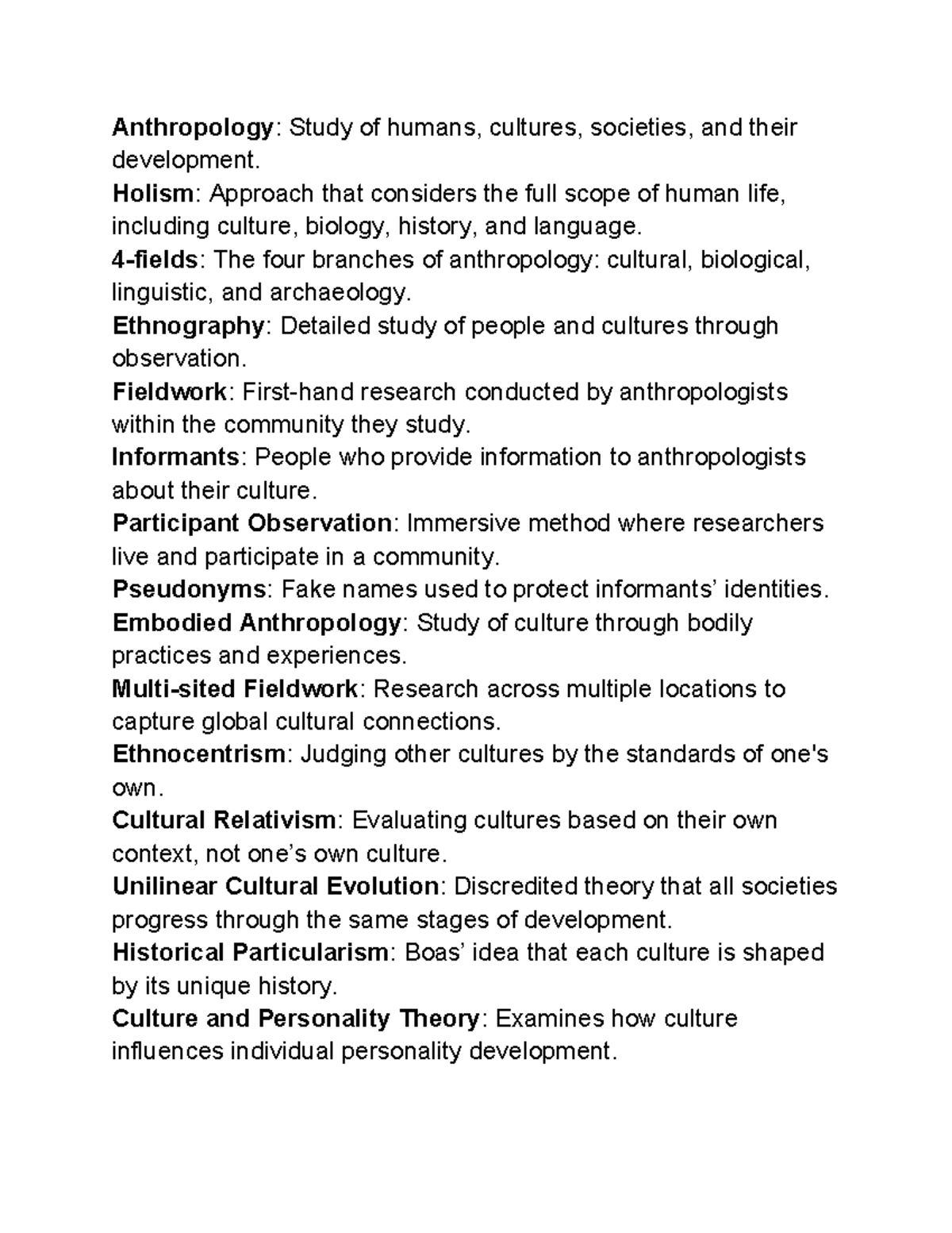 Generated notes - Anthropology: Study of humans, cultures, societies ...