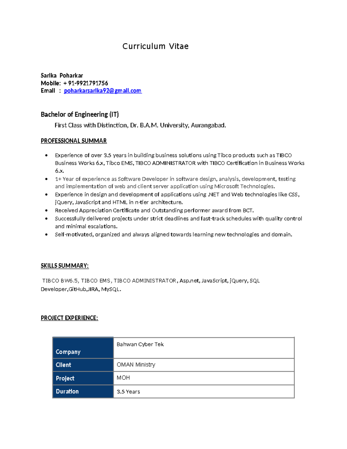 Resume Sarika Exp 4 - DSFGB - Curriculum Vitae Sarika Poharkar Mobile: + 91- Email : - Studocu