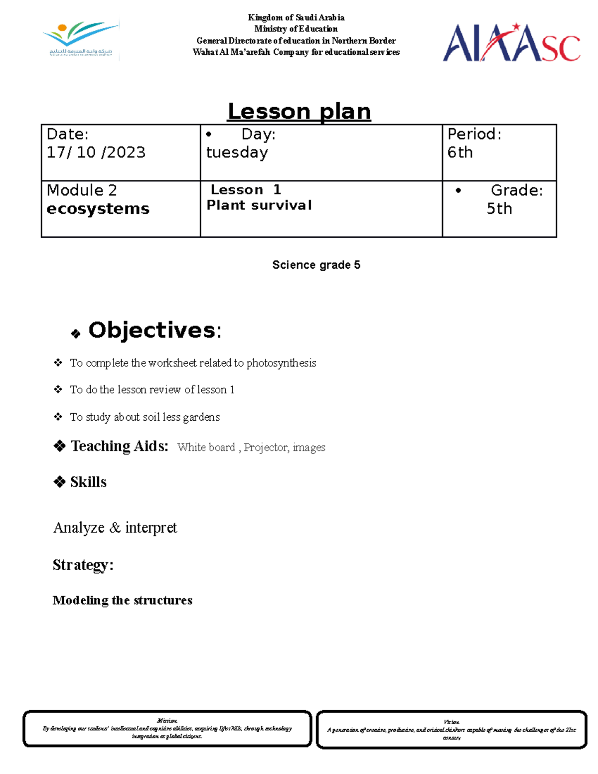 Lesson plan grade 5- for 17-10-23 - Lesson plan Date: 17/ 10 / Day ...