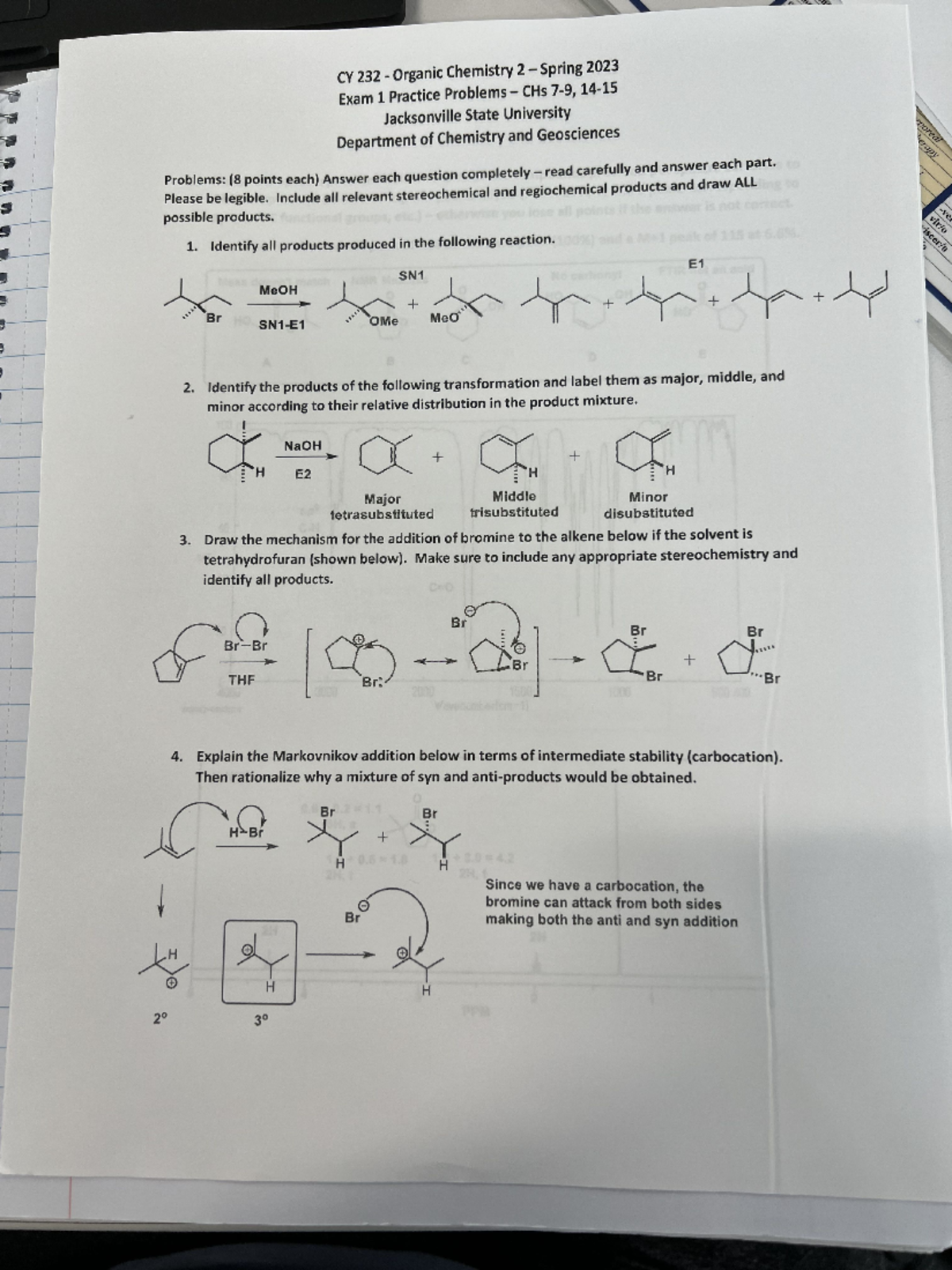 Exam 1 Study Guide - SN ME a CY 232 Organic Chemistry 2 Spring 2023 Ee ...