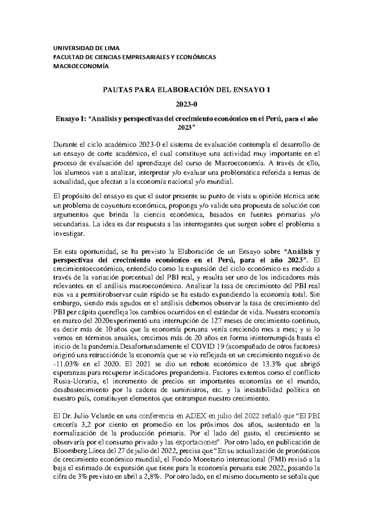 Pautas PARA LA Elaboración DE Ensayo 1 2023-0 - UNIVERSIDAD DE LIMA ...