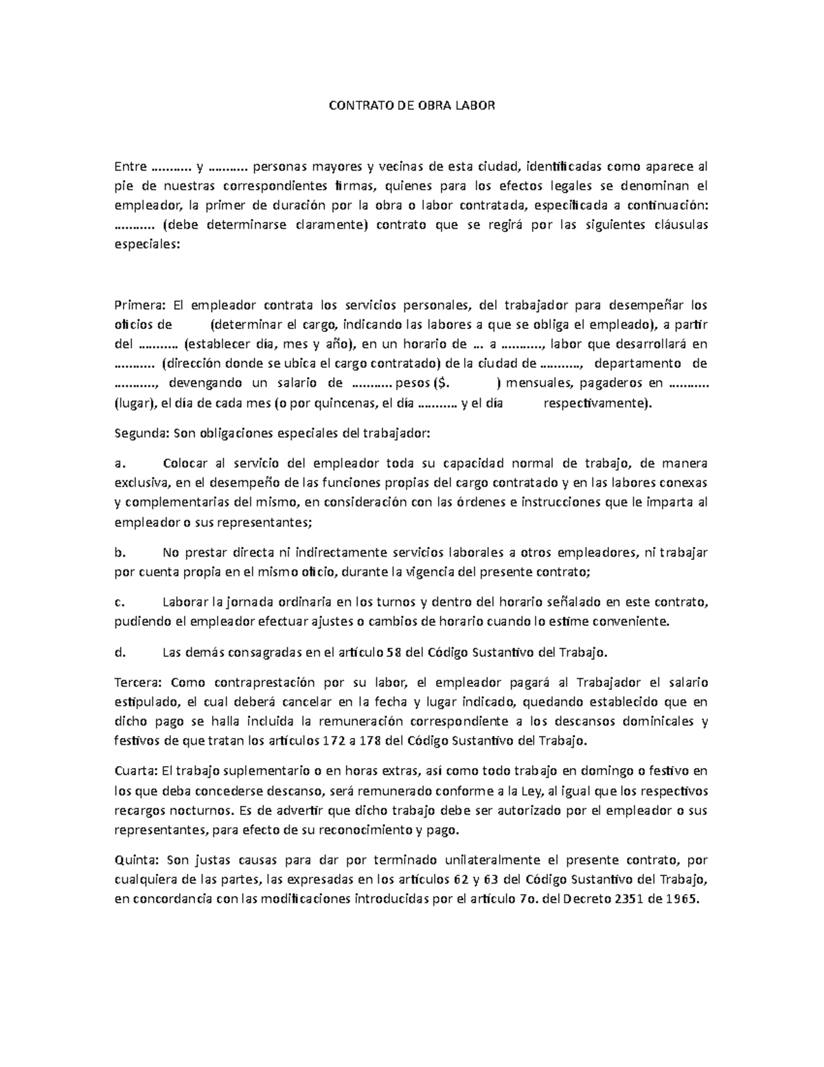Modelo DE Contrato DE OBRA Labor - CONTRATO DE OBRA LABOR Entre ...