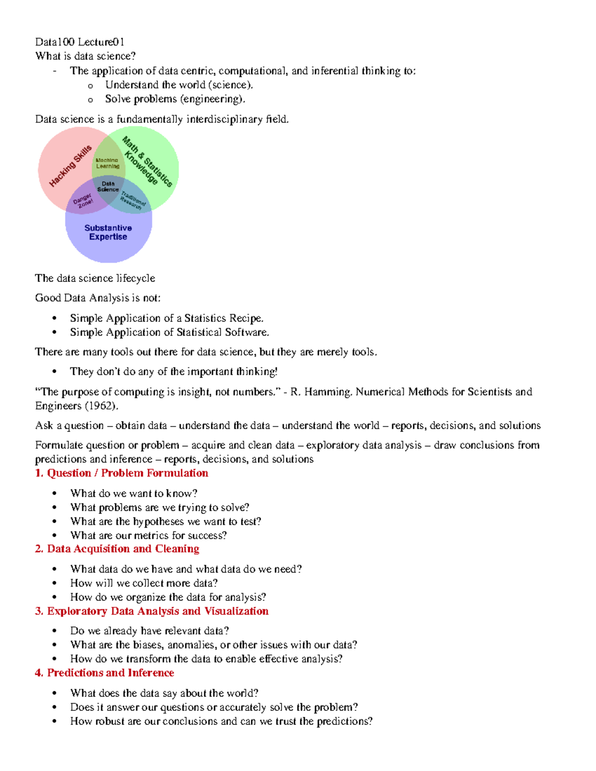 Data100 Lecture 01 - Josh Hug/ Fernando Perez - Data100 Lecture What is data science? - The ...