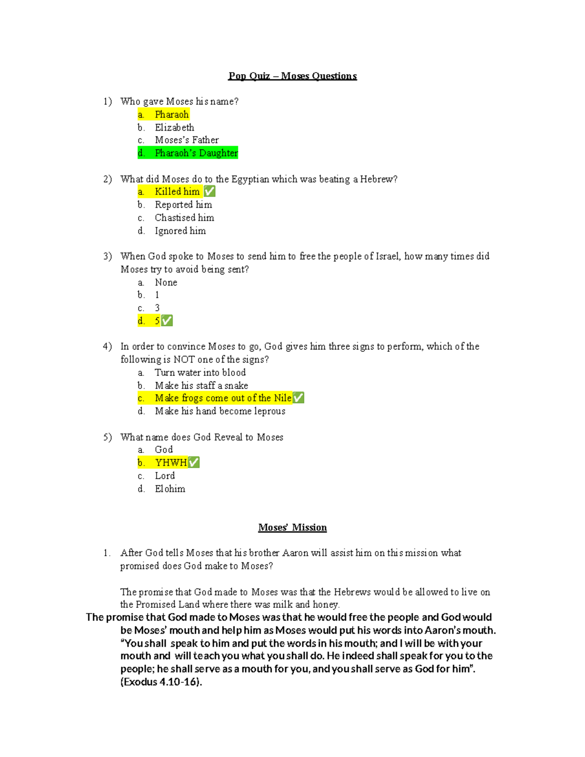 Moses questions - Pop Quiz – Moses Questions Who gave Moses his name? a ...
