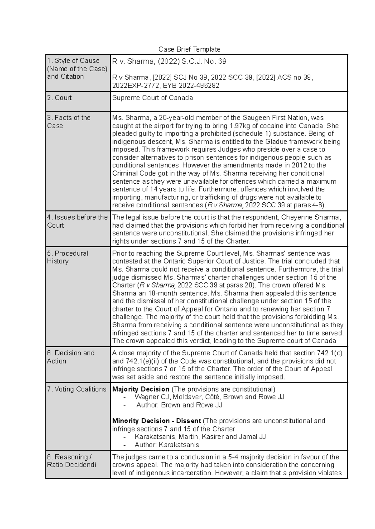 Law & Politics Case brief - Case Brief Template Style of Cause (Name of ...
