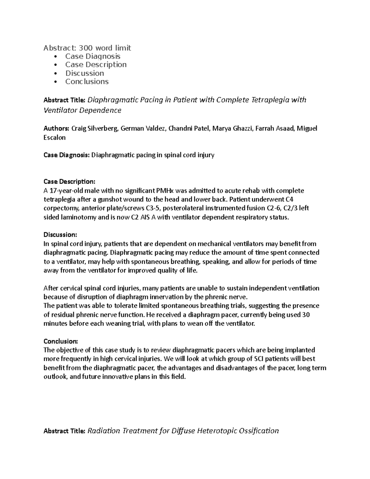 Abstract for Spinal Cord Injury - Abstract: 300 word limit Case ...