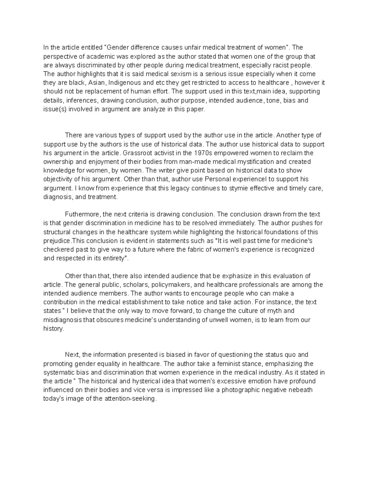 ASSIGNMENT ANALYSIS ARTICLE - In the article entitled “Gender ...