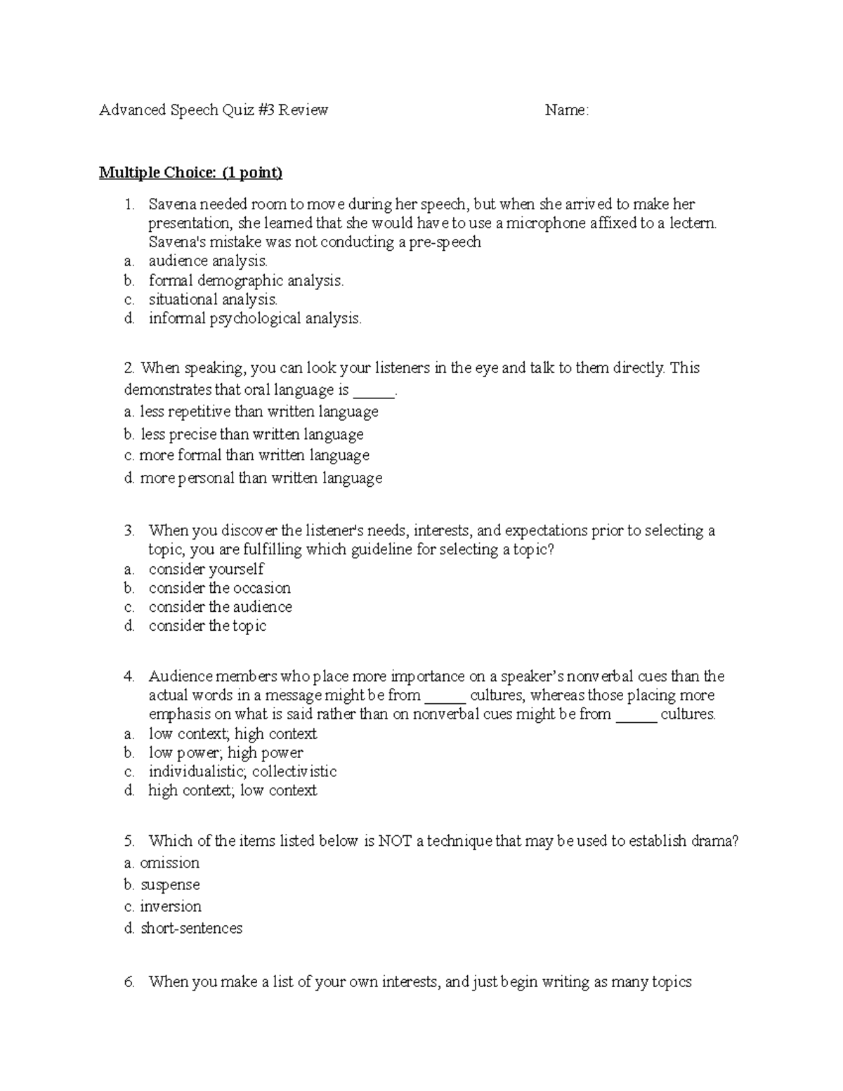 Quiz 3 Review Unit 1 Chapter 2 with Notes - Advanced Speech Quiz #3 ...