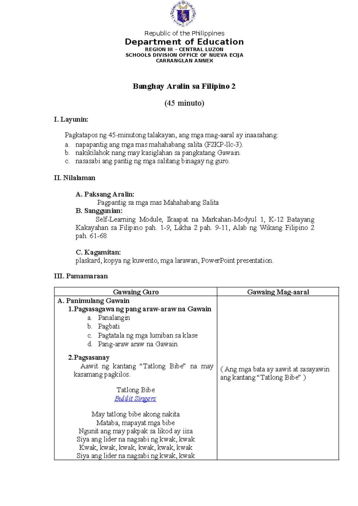 Pagpapantig lesson plan - Department of Education REGION III – CENTRAL ...