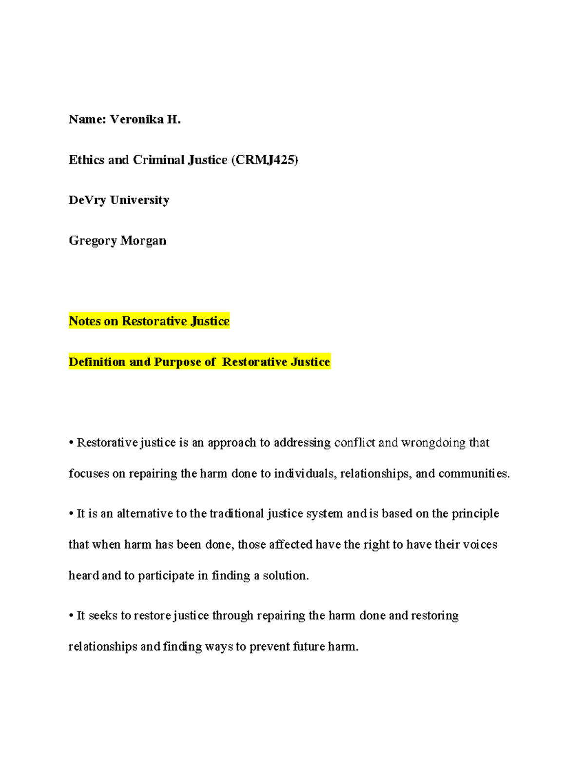 Restorative Justice - Hi, This Notes are made by me using textbook and ...