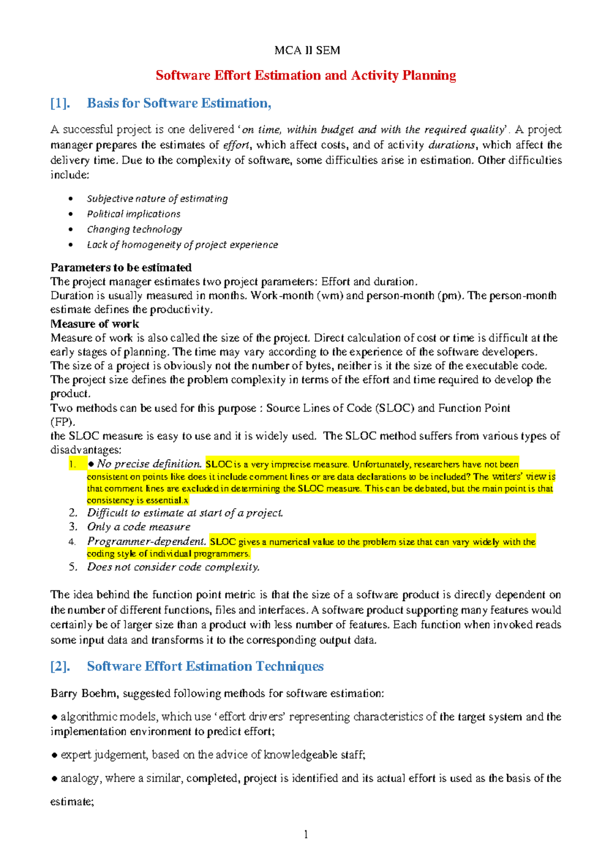 UNIT-III SPM notes - MCA II SEM Software Effort Estimation and Activity ...