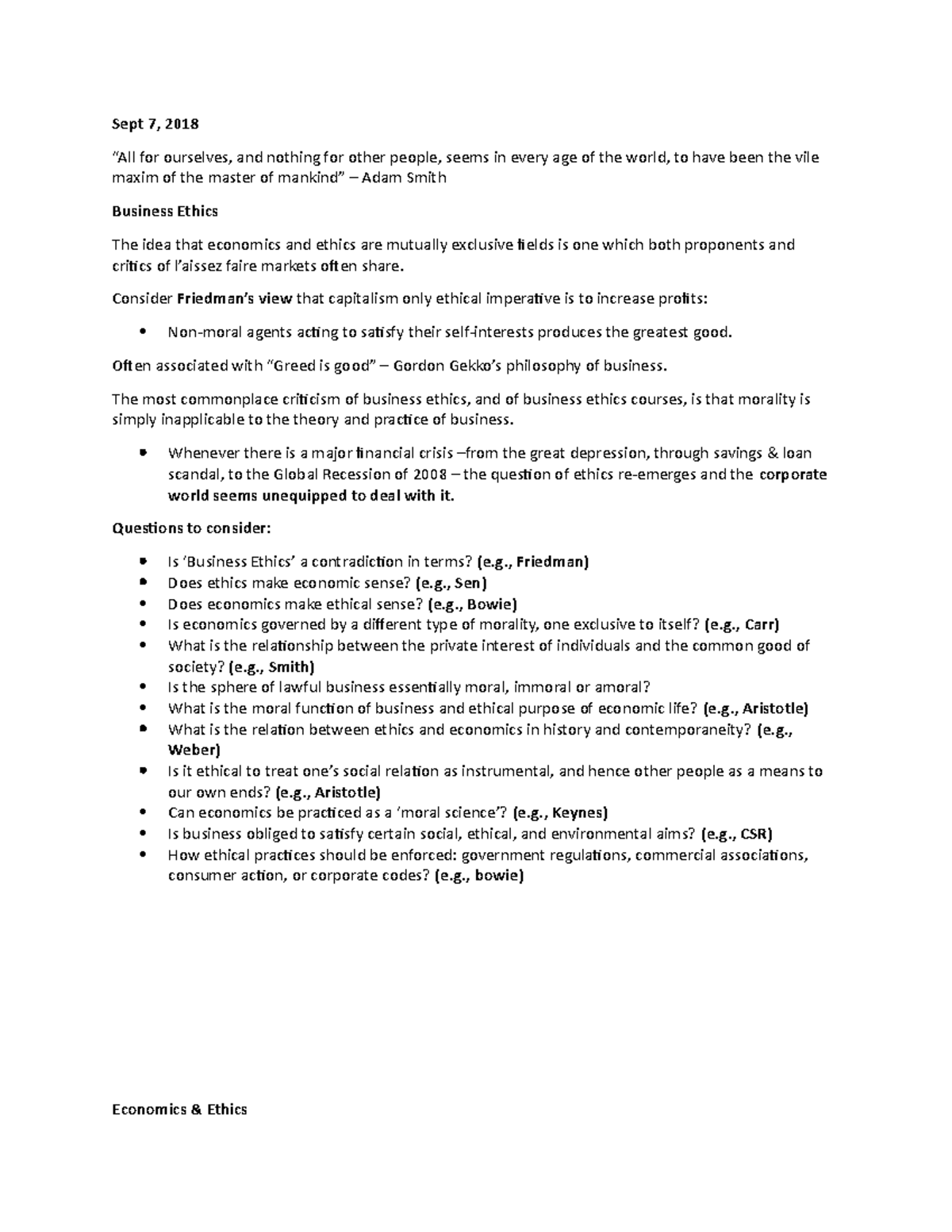 MIB Notes - Prof. Christopher Arajo - Sept 7, 2018 “All for ourselves ...