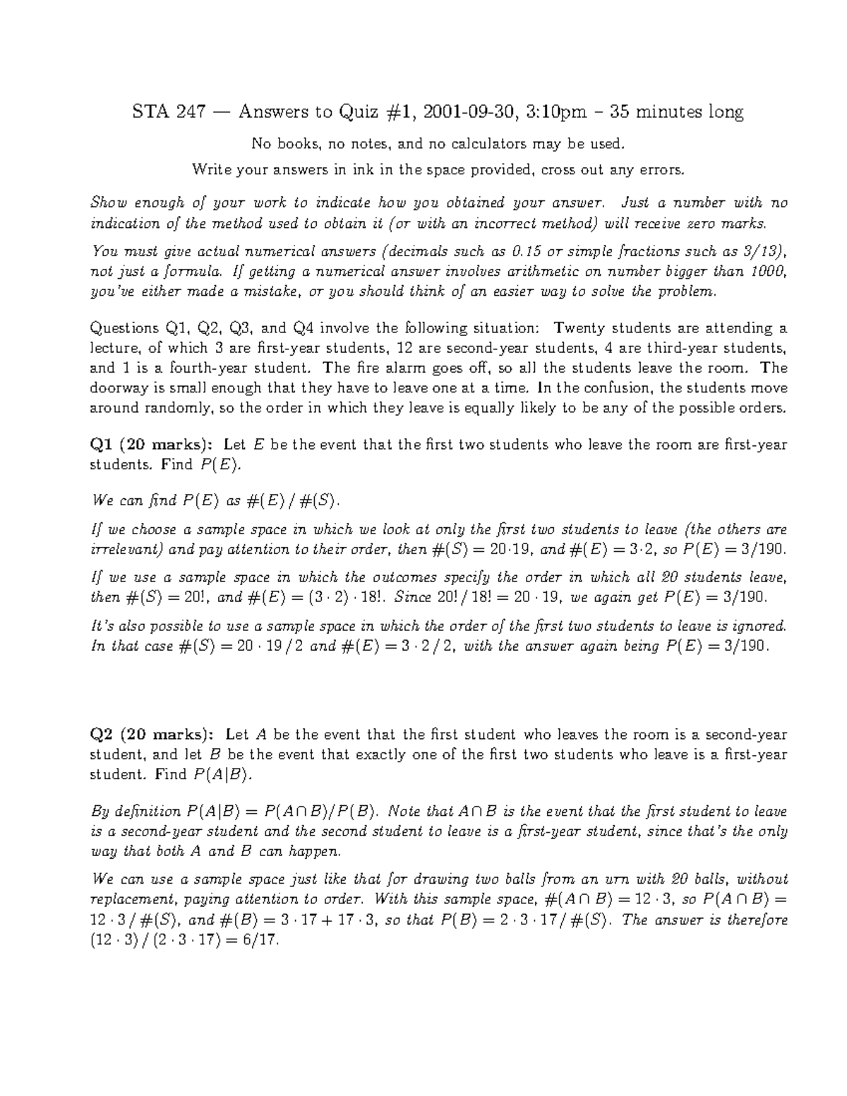 Quiz1-sol - No lo se - STA 247 — Answers to Quiz #1, 2001-09-30, 3:10pm ...