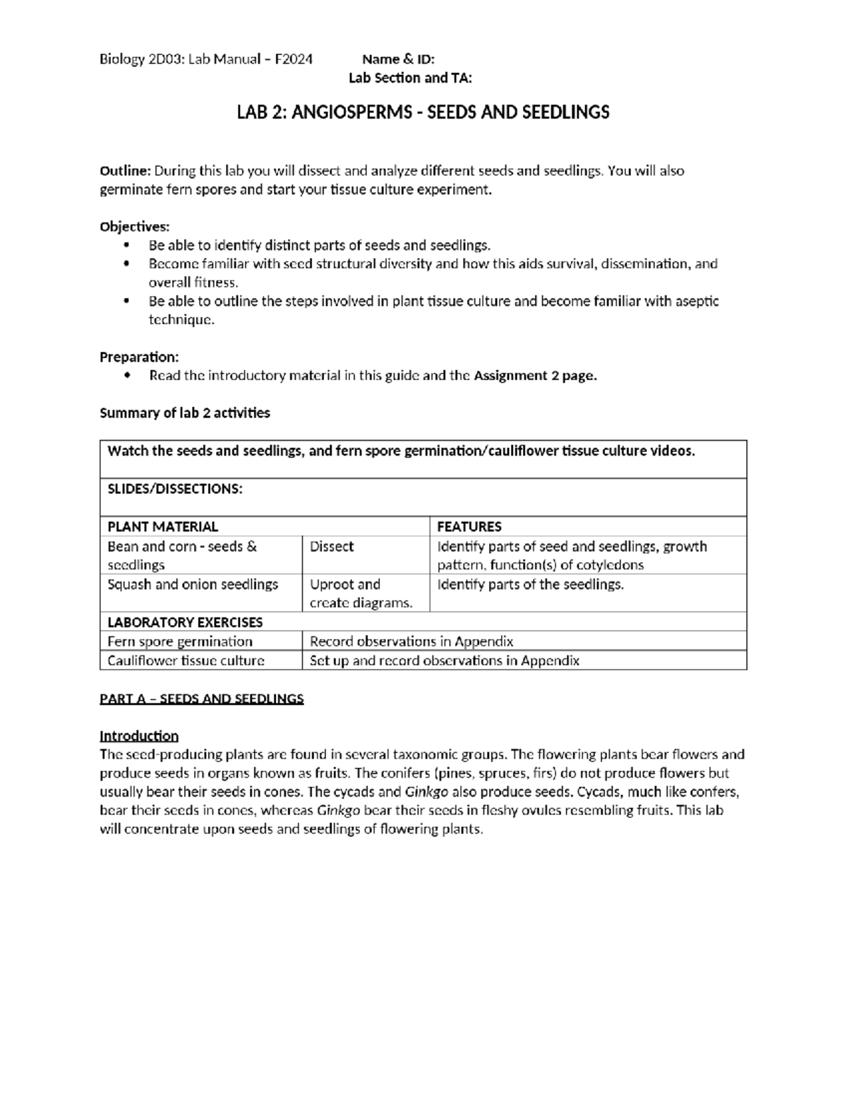 Lab 2 - Seeds and Seedlings - Bio 2D03 - F24 - Biology 2D03 Plant ...