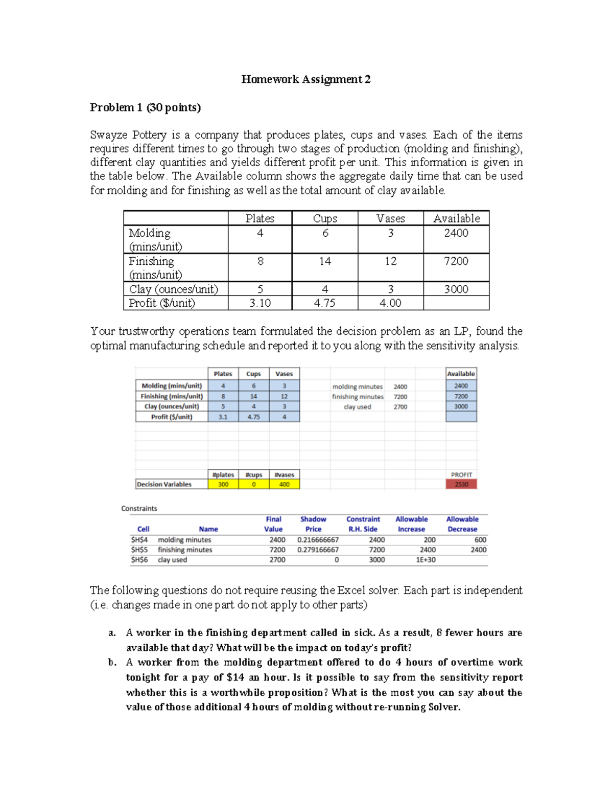 Homework 2 - Homework Assignment 2 Problem 1 (30 points) Swayze Pottery is a company that ...