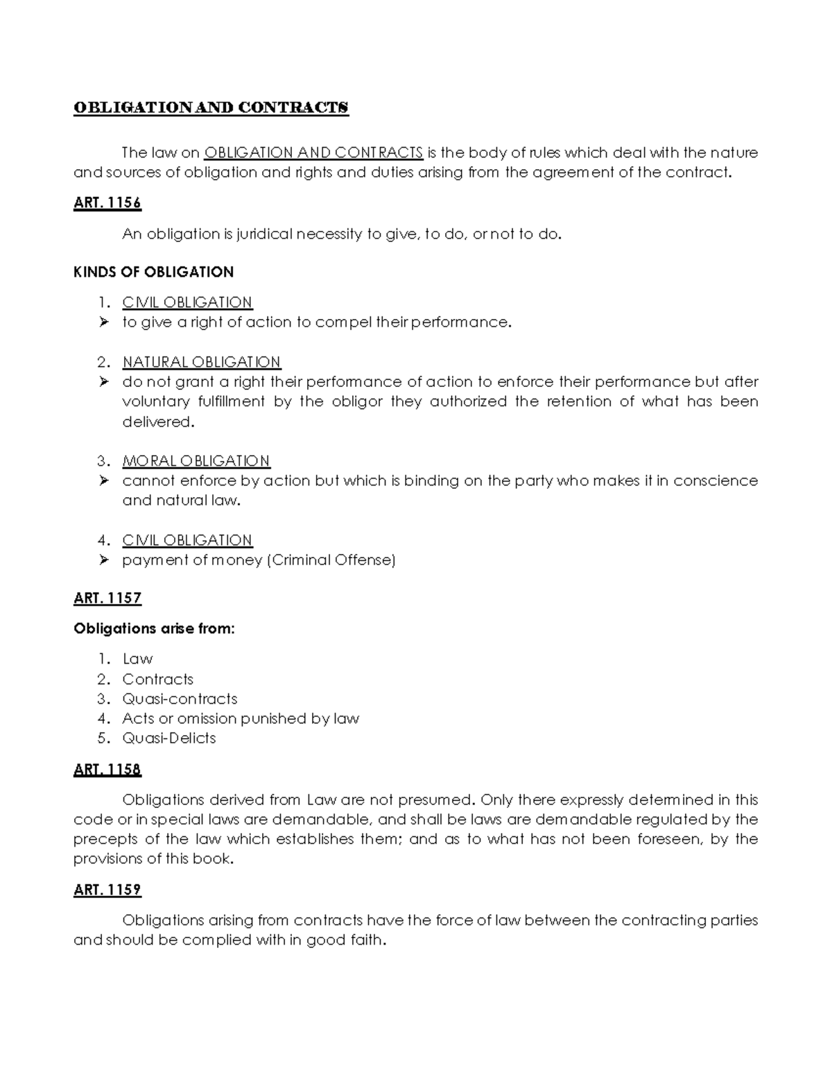 Oblicon notes - OBLIGATION AND CONTRACTS The law on OBLIGATION AND ...
