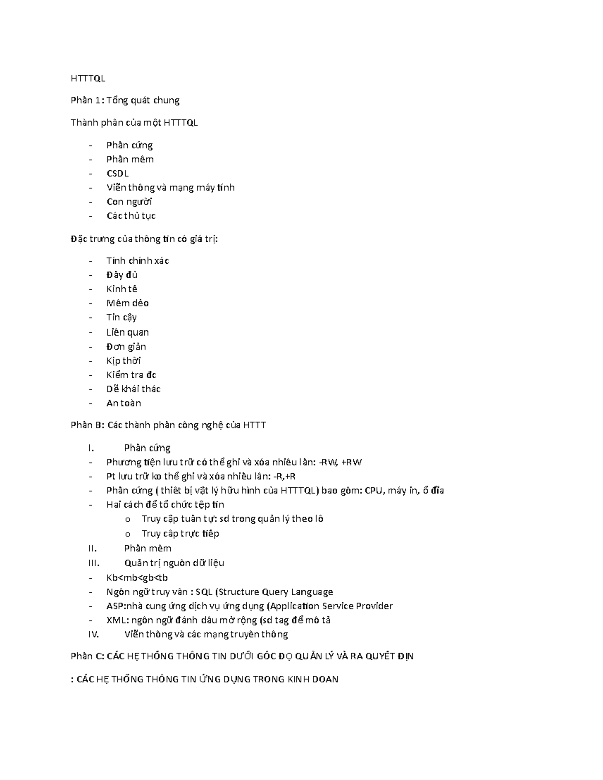 Htttql - chỉ để có tài liệu thui - HTTTQL Phầần 1: T ng quát chungổ Thành phầần c a m t HTTTQLủ ...