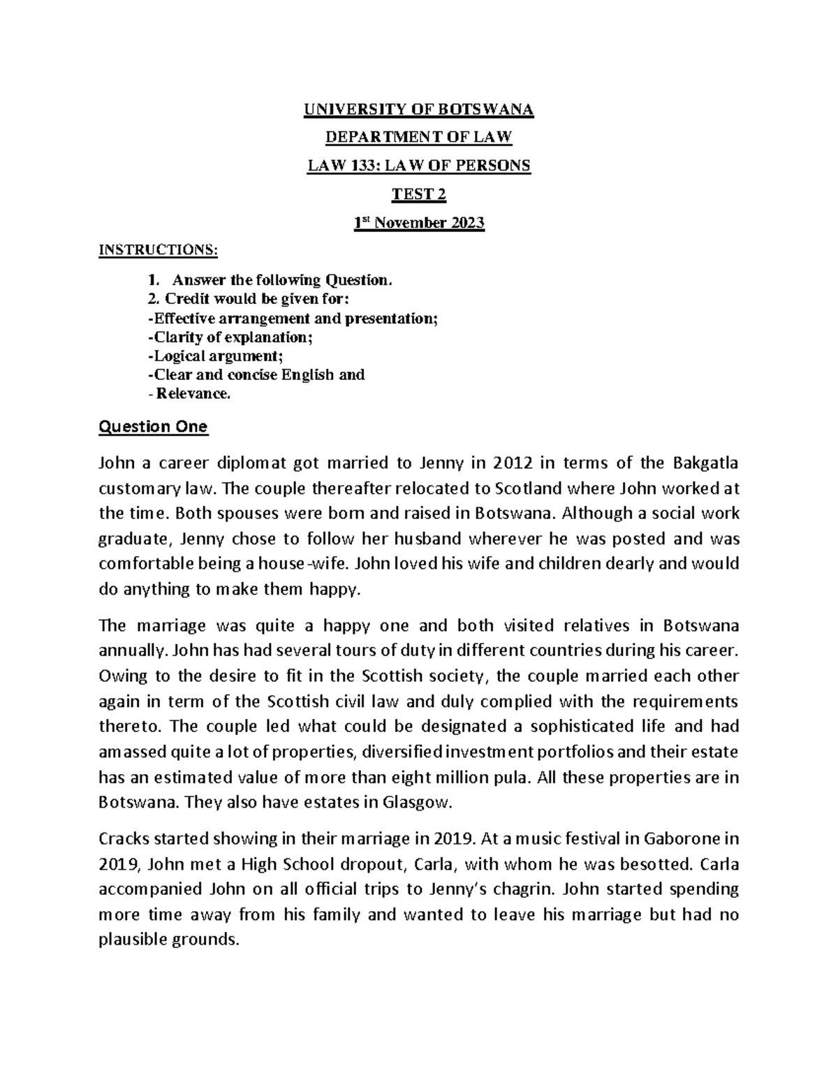 LAW 133 TEST 2 2023 - Gives insight into 133 - UNIVERSITY OF BOTSWANA ...