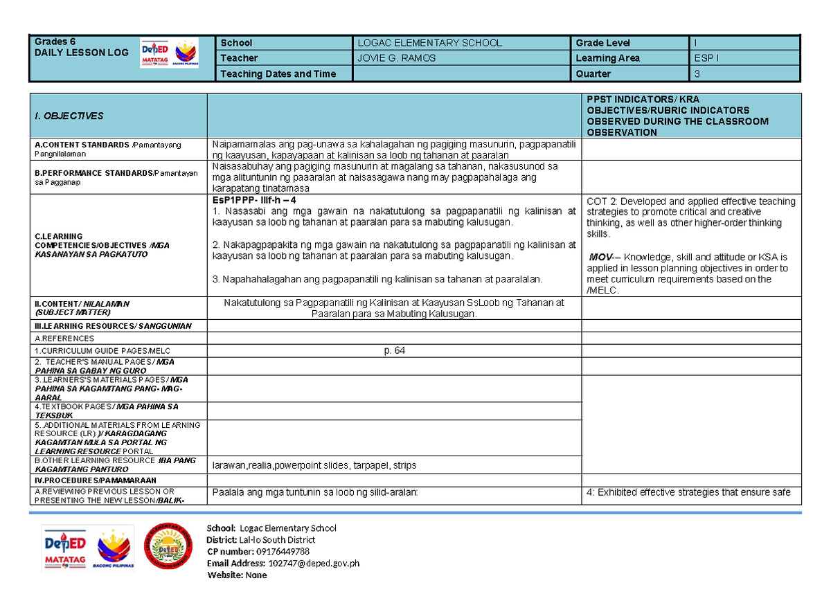 2024 COT DLL Edukasyon SA Pagpapakatao 6 Ispirituwalida - Grades 6 DAILY LESSON LOG School LOGAC ...