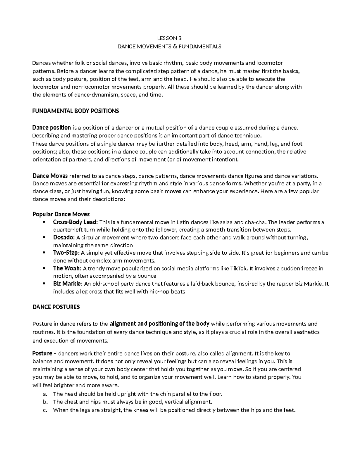 Lesson 3 - Dance Movements AND Fundamentals - LESSON 3 DANCE MOVEMENTS ...