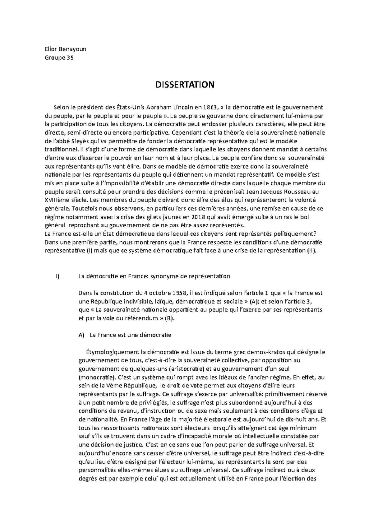 Dissertation DC TD 3 - Démocratie - Elior Benayoun Groupe 39 DISSERTATION Selon le président des ...