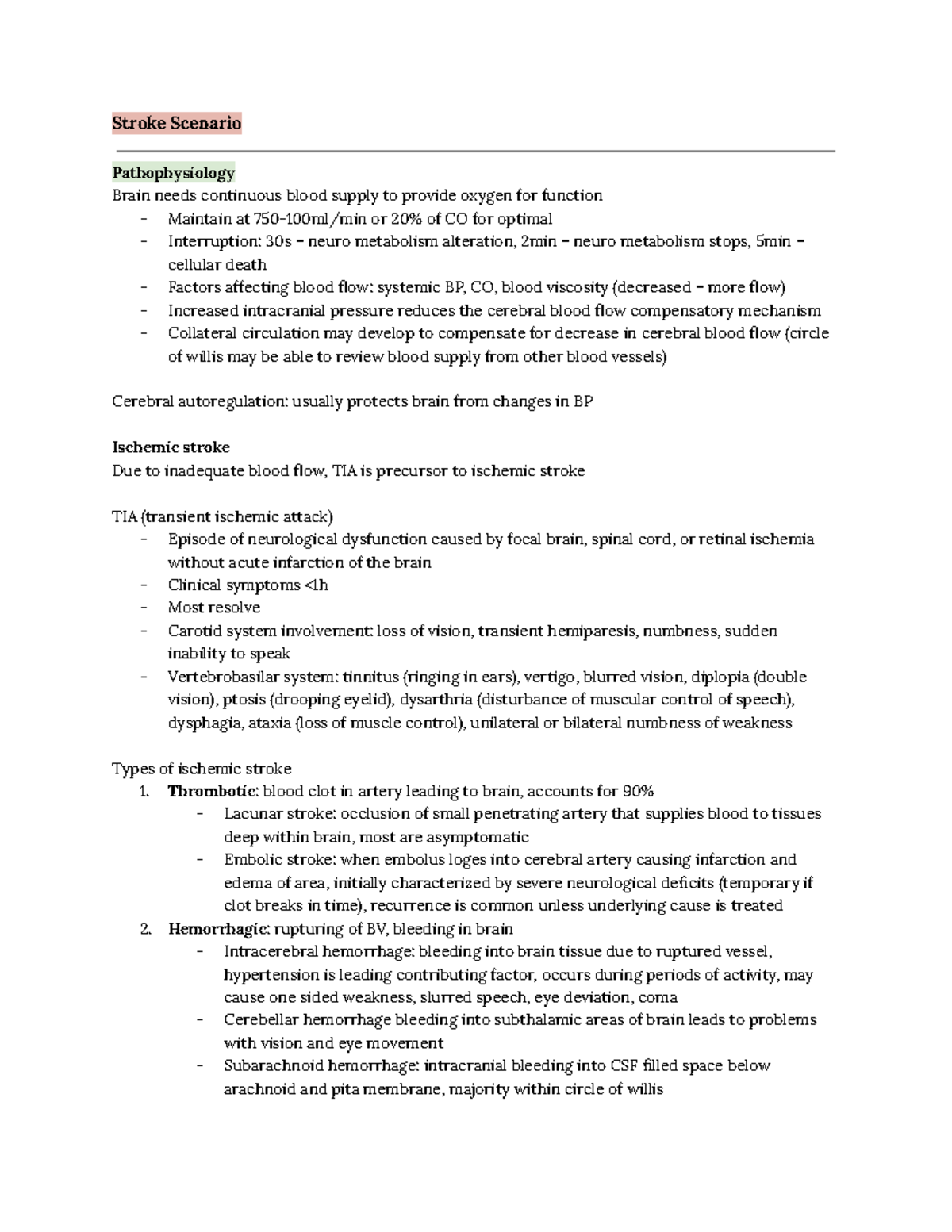 1: Stroke - Learning aims - Stroke Scenario Pathophysiology Brain needs ...
