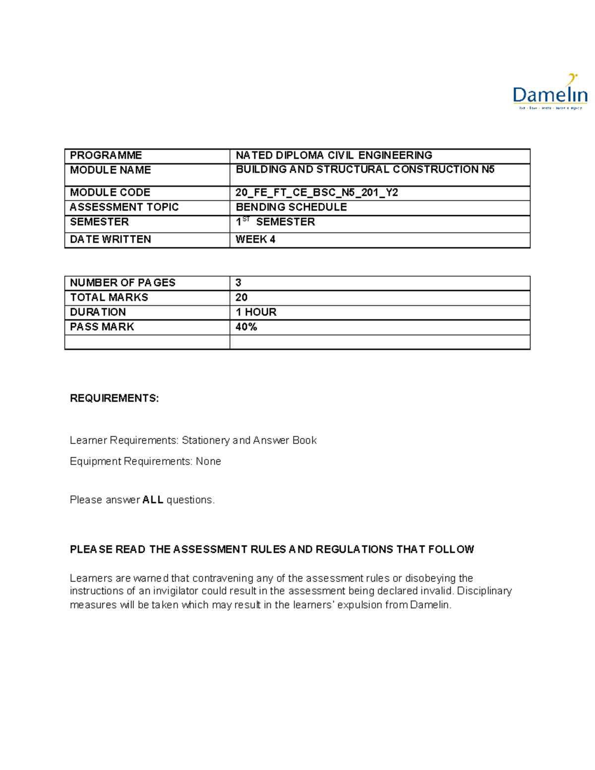 Week 4 activity Bending schedule - PROGRAMME NATED DIPLOMA CIVIL ...