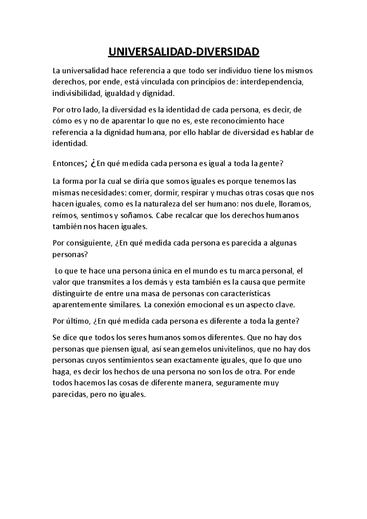 Diversidad- Universalidad - UNIVERSALIDAD-DIVERSIDAD La universalidad ...