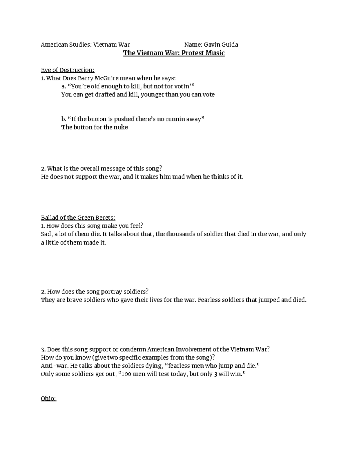 Vietnam WAR- protest music - American Studies: Vietnam War Name: Gavin ...