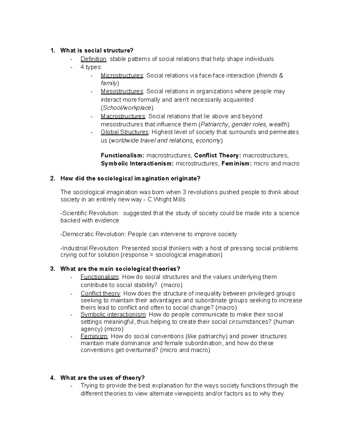 SOC Complete Midterm Study Guide - What is social structure? Definition: stable patterns of ...