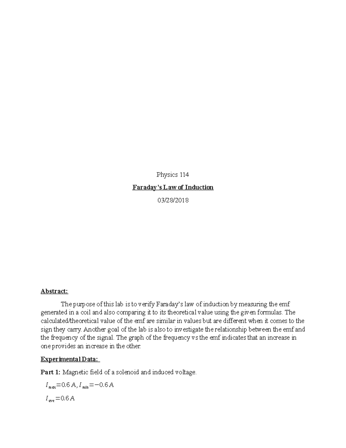 Physics 114 FLI - Lab Practical notes - Physics 114 Faraday’s Law of ...