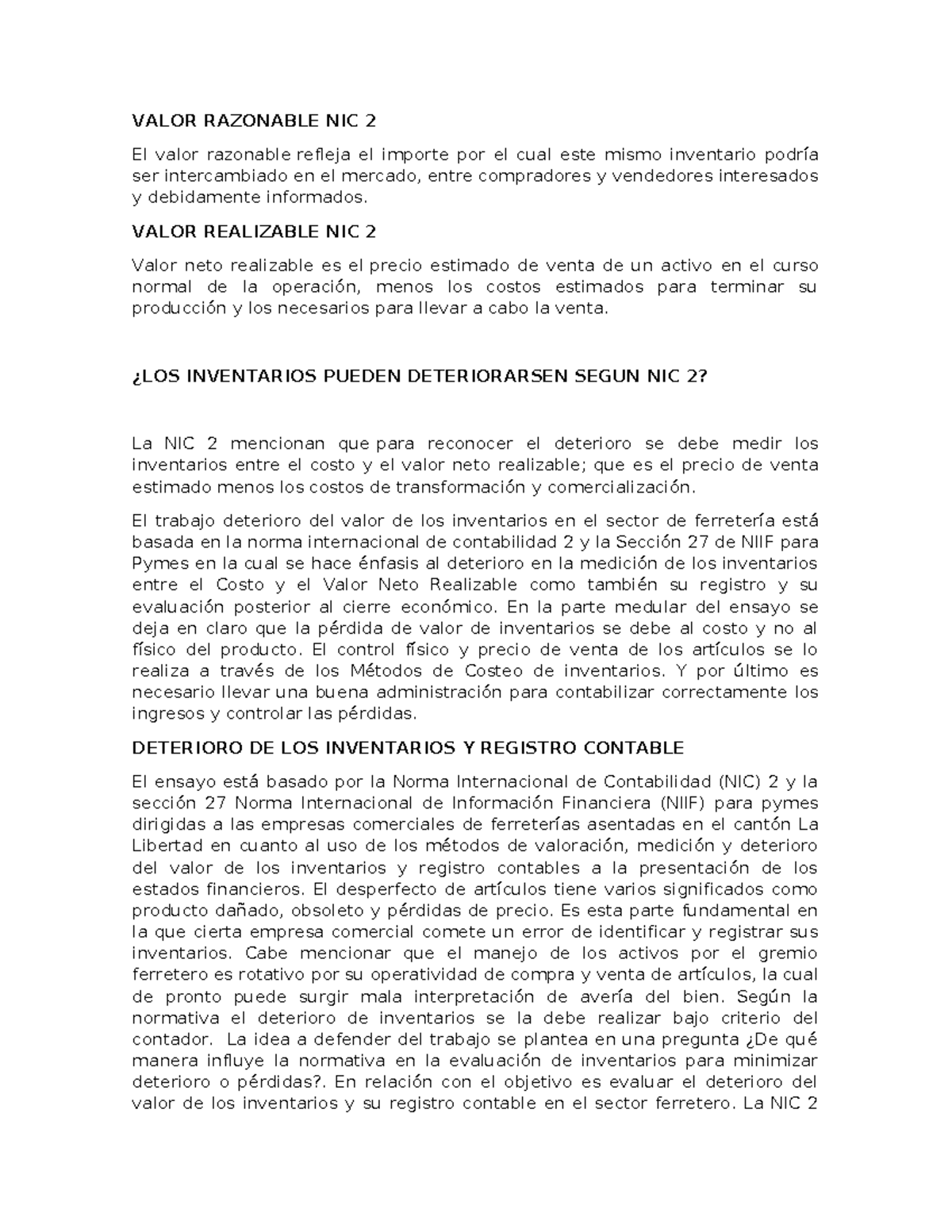 Valor Razonable Realizable Punto 3 - VALOR RAZONABLE NIC 2 El valor ...