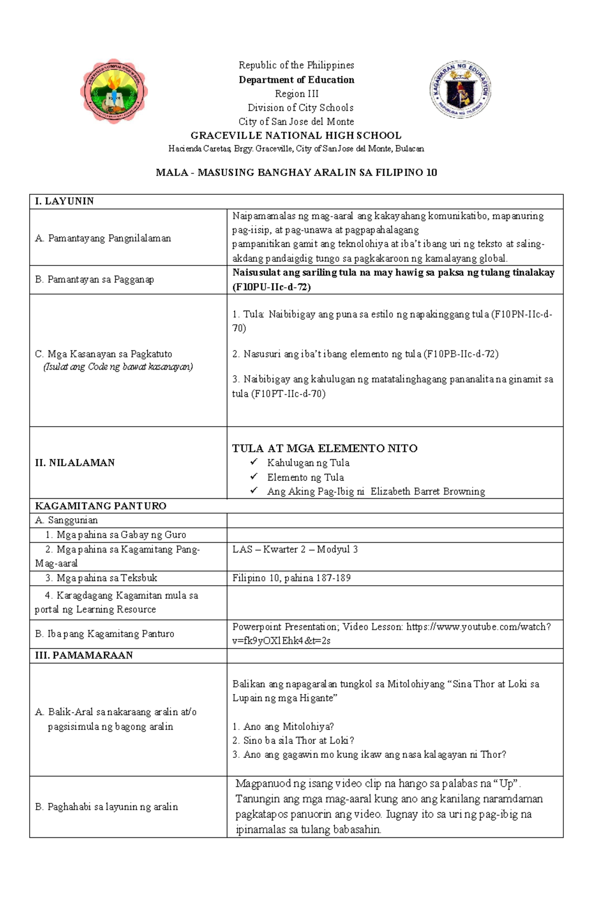 Lesson Plan in Filipino 10 - Tula Ang Aking Pag-ibig - Republic of the ...