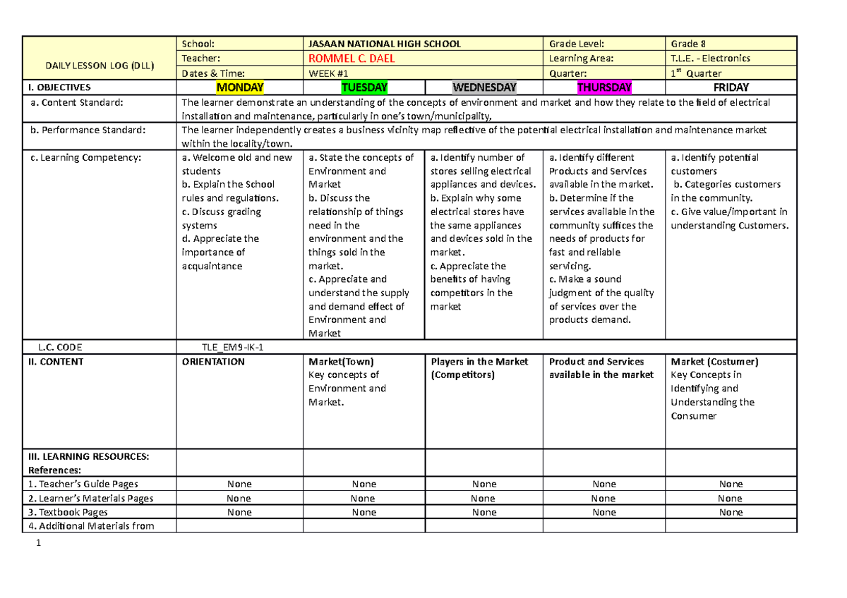 Week 01 - n/a - DAILY LESSON LOG (DLL) School: JASAAN NATIONAL HIGH ...