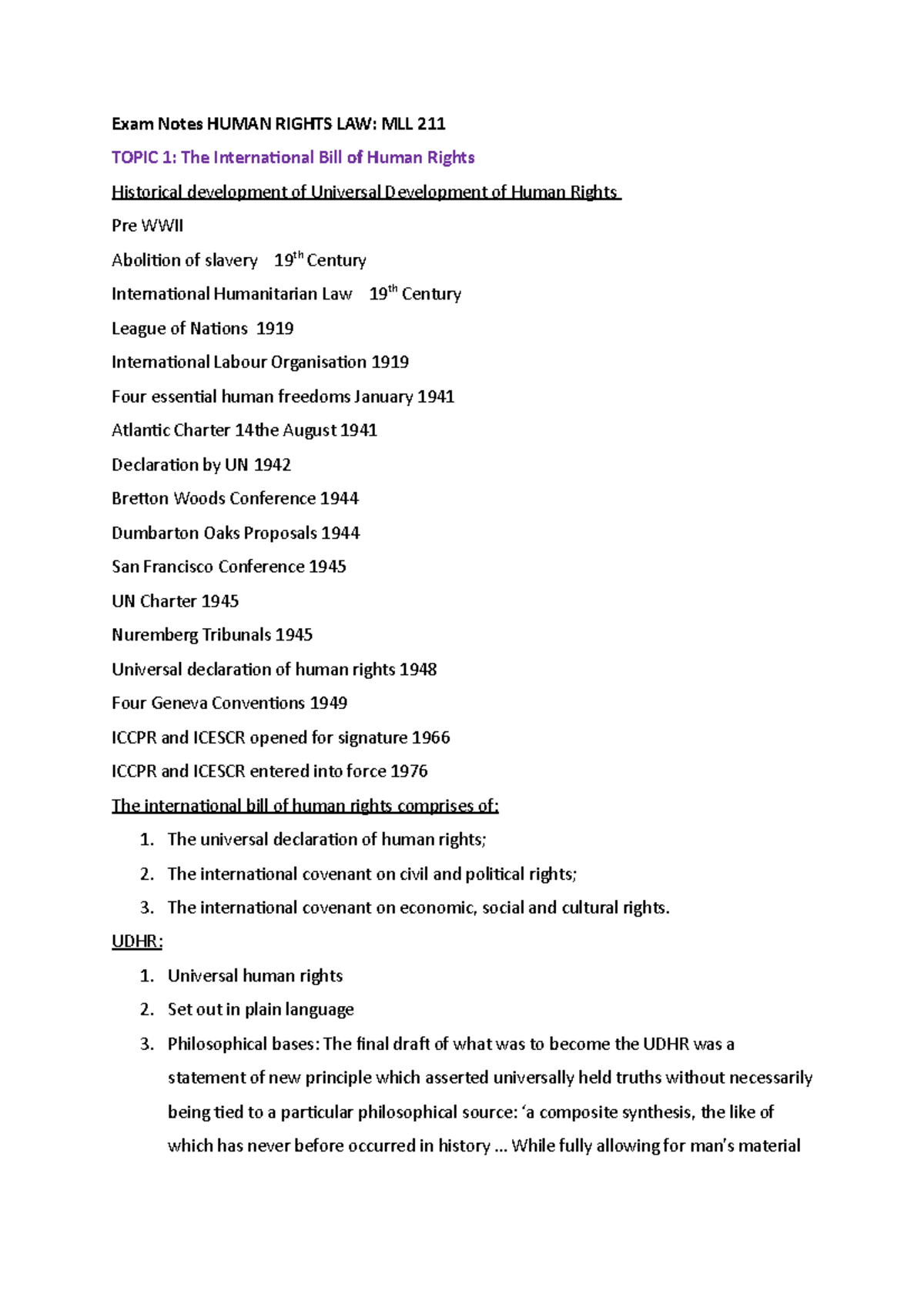 Exam Notes for Human Rights Law Part 1 - Exam Notes HUMAN RIGHTS LAW ...