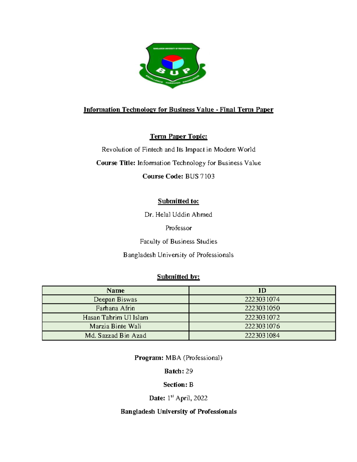 Fintech Term Paper Group 1 Updated - Information Technology for ...